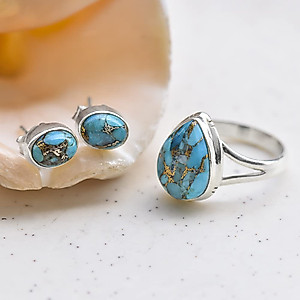 YoTreasure 10x14 MM Blue Copper Turquoise Solid 925 Sterling Silver Teardrop Ring