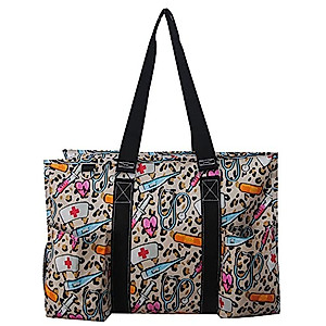NGIL Zip-Top Organizing Utility Tote Bag with Exterior Pockets for Working Women, Teachers, Nurses, and Moms, Design in USA (Wild Life Nurse-black)