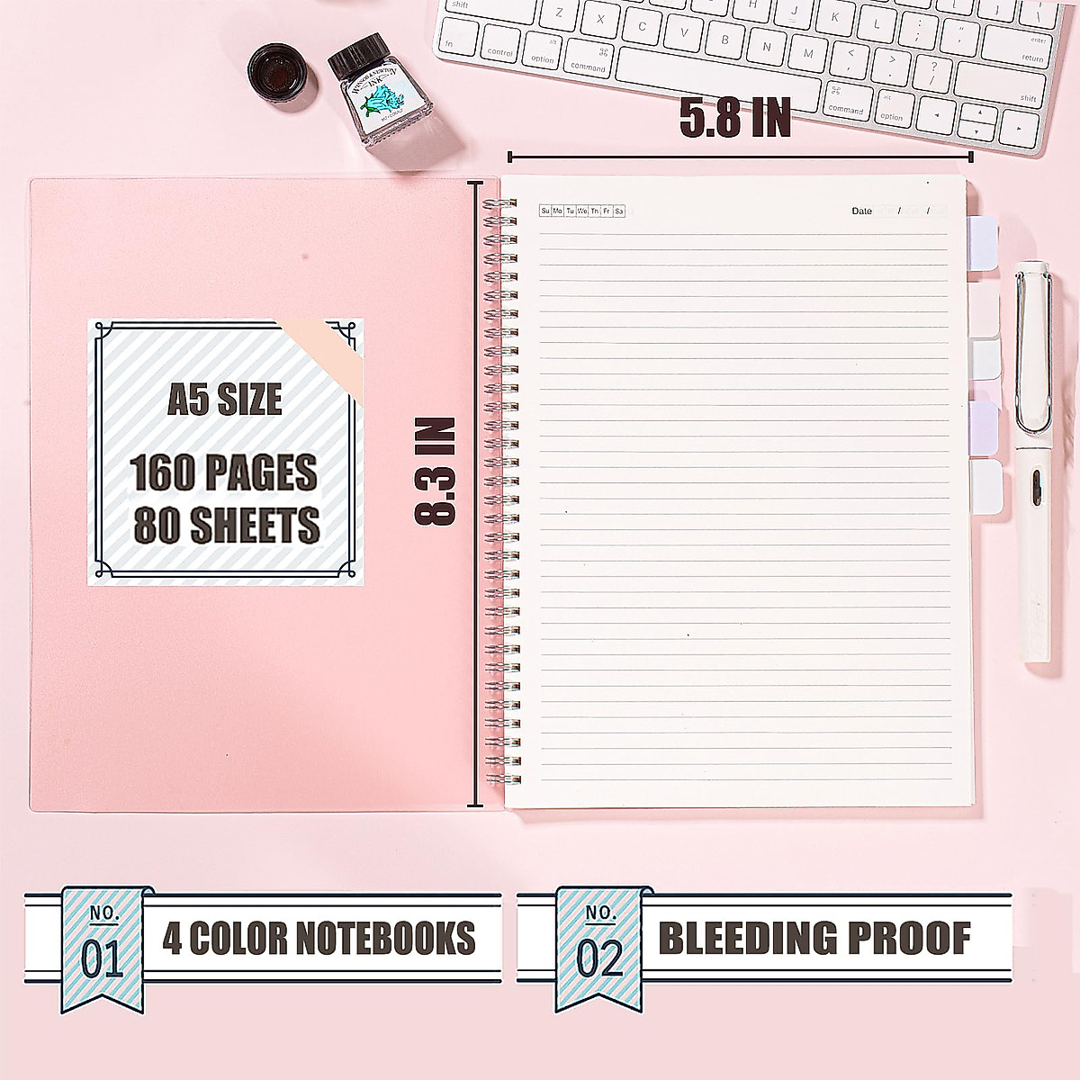 OWSC 4 Pack Lined Spiral Notebook, 5.9 x 8.3 Inches Notebooks for Work, School and Journal with 110 GSM Thick Paper, Small Notebook with 80 Sheets/160 Pages, Notebooks College Ruled for Note Taking