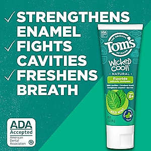 Tom's of Maine ADA Approved Wicked Cool! Fluoride Children's Toothpaste, Natural Toothpaste, Dye Free, No Artificial Preservatives, Mild Mint, 5.1 oz. 3-Pack (Packaging May Vary)