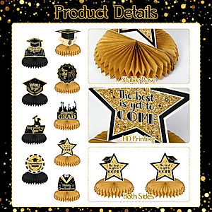 9PCS Graduation Party Decorations Class of 2024 Congrats Grad Table Centerpiece Congratulate Graduation Black and Gold Honeycomb Table Toppers for Graduation Party Supplies