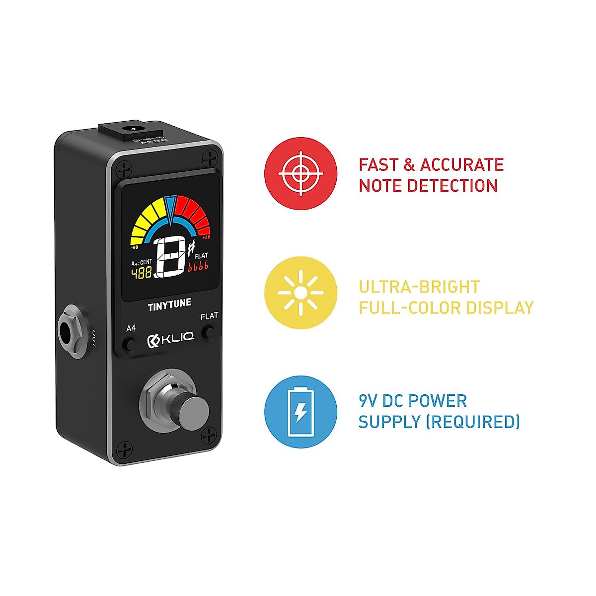 KLIQ TinyTune Tuner Pedal for Guitar and Bass - Mini - Chromatic - with Pitch Calibration and Flat Tuning (Power Supply Required)