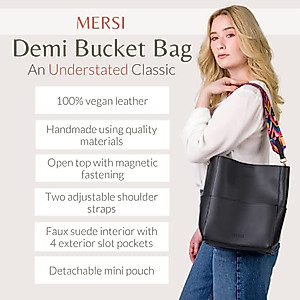 MERSI Demi Bucket Purse - Faux Leather Bucket Bag With Detachable Mini Pouch & 2 Adjustable Shoulder Straps - Vegan Leather Luxury Handbags For Women - (12”H x 11”L x 5”D, Black)