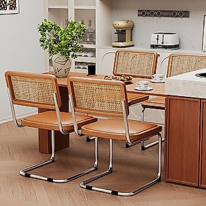 Alunaune Mid Century Modern Dining Chairs Set of 2, Upholstered Natural Rattan Kitchen Accent Chairs, Armless Side Chair with Metal Chrome Legs for Bedroom Living Room-Brown with PU Seat