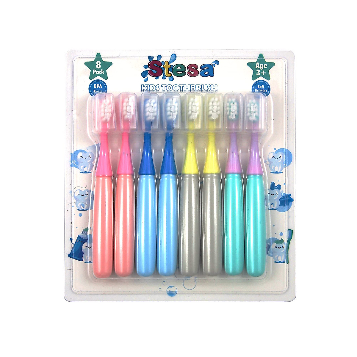 Stesa Kids Toothbrush - 8 Pack - Ultra Soft Bristles, BPA Free, Dust Covers Included - Boys and Girls Toddler Toothbrush - Age 3+