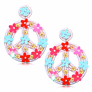 Beaded Dangle Earrings for Women Dangling Flower Hoop Earrings Peace Sign Drop Earrings Statement Handmade Boho Fashion Spring Summer Earring Studs Jewelry Gifts