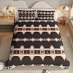 TBUEKLI Western Bedding Sets King Size Boho Aztec Duvet Cover, Tribal Southwestern Comforter Cover Set for Girls Women Kids Boys Bedroom Decor, Geometric Pattern Quilt Cover, Brown Khaki