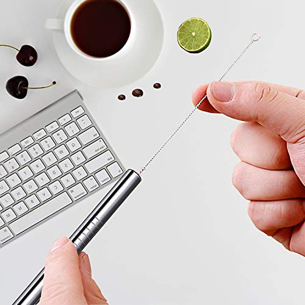 NEBYWOLD Metal Straws Reusable Stainless Steel Straws Bubble Tea Drinking with Silicone Tip and Carrying pack 5 Set - Mix Wide Straw 2 Cleaning Brush and A Portable Bag (Silver)