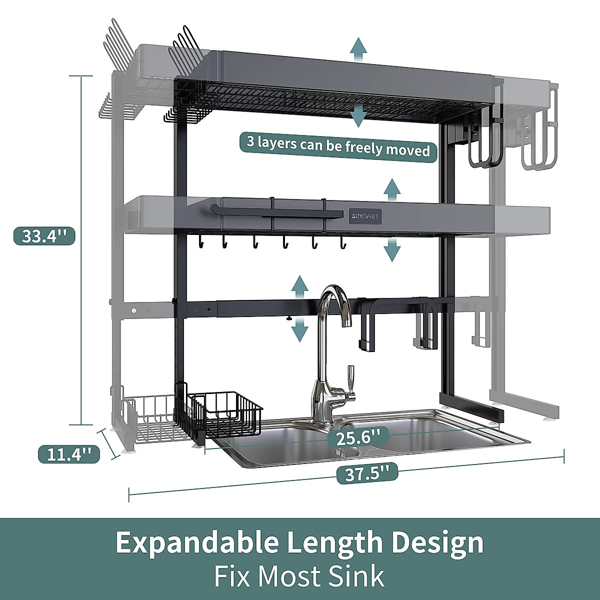 2023 Model，Over The Sink Dish Drying Rack 3-Tier Dish Drying Rack Over Sink Adjustable Length(26-37.5in), Stainless Steel Dish Drainer, Dishes Rack Kitchen Pots, pans, dishes and pots Organizer