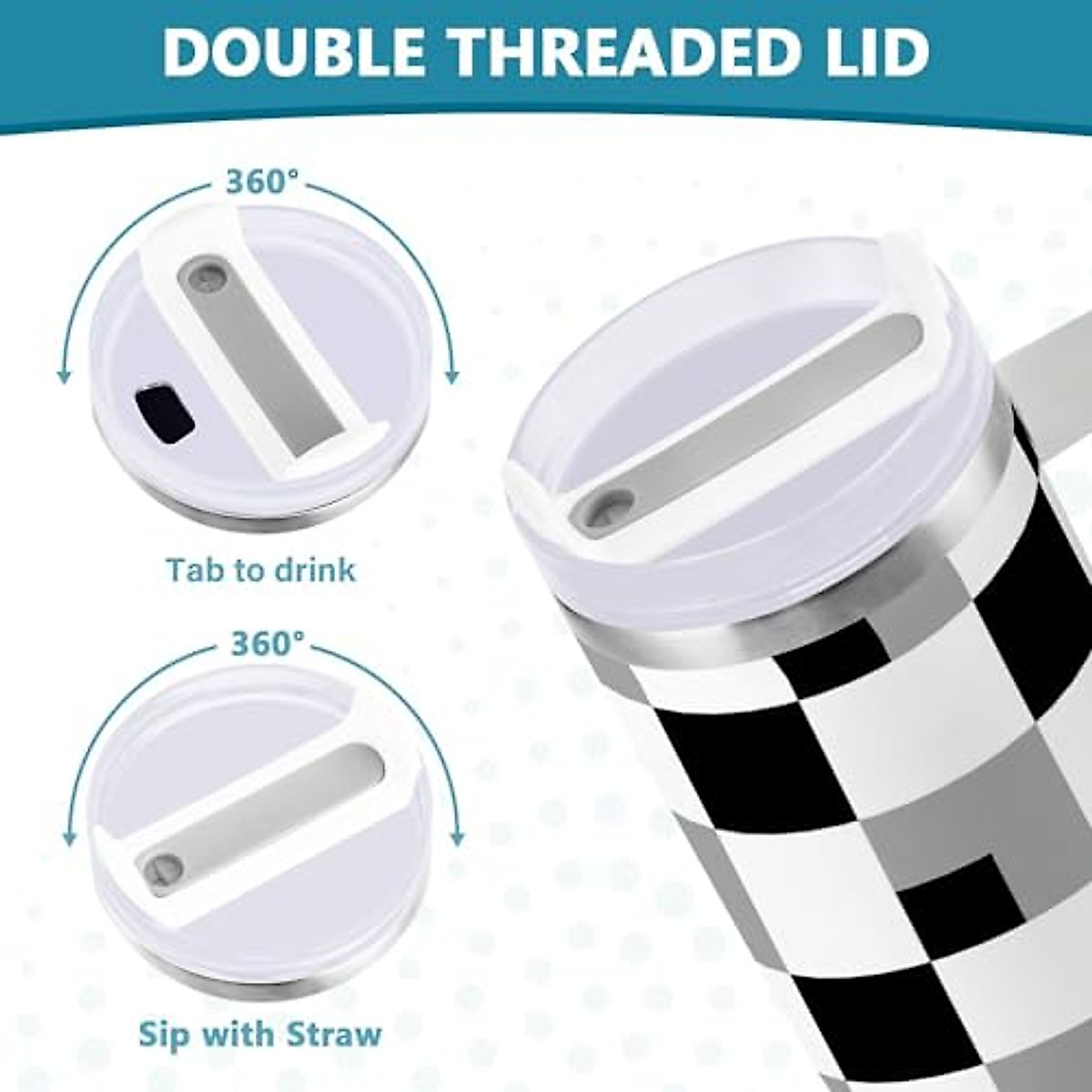 RPLIFE Black and White Checkerboard 40 Oz Tumbler with Handle, Stainless Water Bottle, Insulated Tumbler with Straw