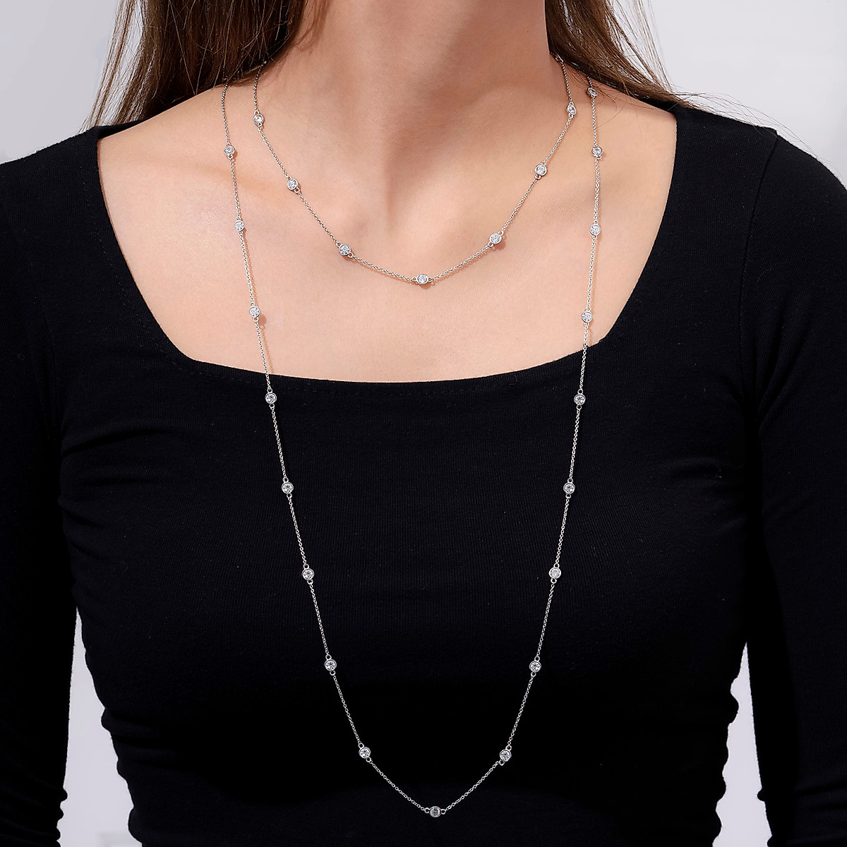 Amazon Essentials Platinum Plated Sterling Silver Station Necklace set with Infinite Elements Cubic Zirconia (4mm), 18" (previously Amazon Collection)