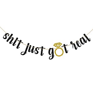 Dalaber Shit Just Got Real Banner, Funny Wedding/Engagement/Bridal Shower/Bachelorette Party Decoration, Just Married Sign Bunting Banner