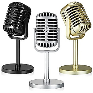 3 Pcs Retro Microphone Props Vintage Microphone Toy Prop with Stand Model Plastic Fake Microphone Antique Prop Mic for Party Role Play Stage Table Decorations, 6.5 x 3.15 x 3.15 Inch, 3 Colors