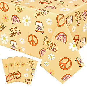 4 Pcs Stay Groovy Tablecloth Retro Hippie Boho Party Table Covers Daisy Flower Bohemian Rainbow Tablecloths Disposable Waterproof Table Cover 60s Theme Birthday Party Decor Supplies (42.5 x 70.8 Inch)