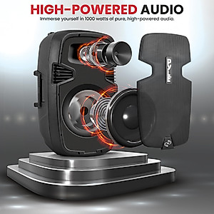 Pyle Wireless Portable PA Speaker System-Compatible with Bluetooth,Active Loudspeaker,1000 Watt Powered 2-Way Waterproof Amplifier, 12” Subwoofer, Tweeter, RCA, XLR, Mic In for Dj & Party-PPHP1241WMU