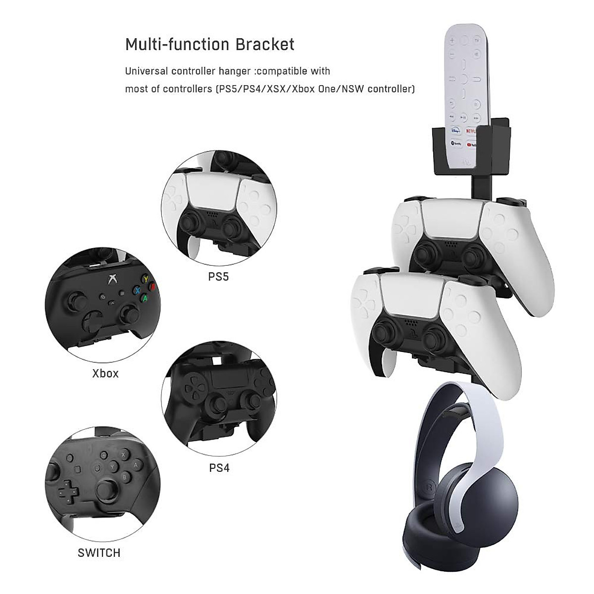 EJGAME Dual Game Controller & Headphone & Media Remote Stand Wall Mount Holder Compatible with PS5,/PS4/Xbox ONE/Series X/Switch,Stay Organized(Black)