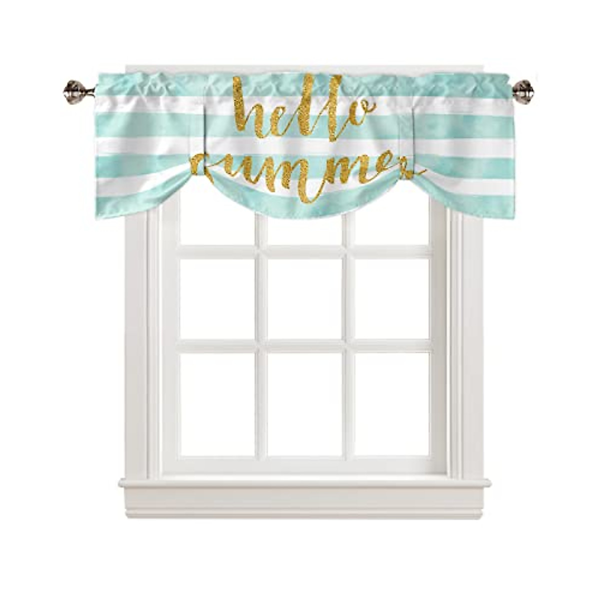 Tie-up Valances for Windows HELLO SUMMER Gold Round Spots on Blue and White Stripes Kitchen Window Curtains Adjustable Farmhouse Valance Curtains for Bedroom Living Room Bathroom 42x12in, 1 Panel