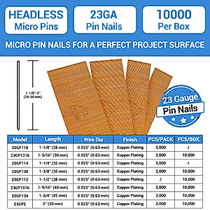 meite 23 Gauge Pin Nails, 1-3/8-Inch Micro Headless Pins for Pin Nailer - Copper Plated Pins Nails for Nail Gun, Ideal for Fine Woodworking and Trim Work (10,000 PCS)