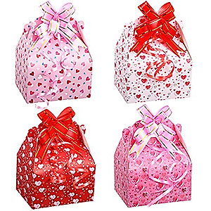 36 Pieces Mini Valentines Day Treat Boxes, Sweet Red and Pink Cardboard Paper Box Heart Printed Candy Boxes for Goody Cookie Holder with 40 Pieces Wrapping Bow Ties for Valentine's Day Party Supplies