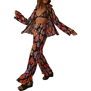 wdehow Women Casual 2 Piece Linen Sets Lapel Buttons Long Sleeve Pleated Shirts Tops Loose Pants Y2K Outfits Streetwear (A-Black, S)