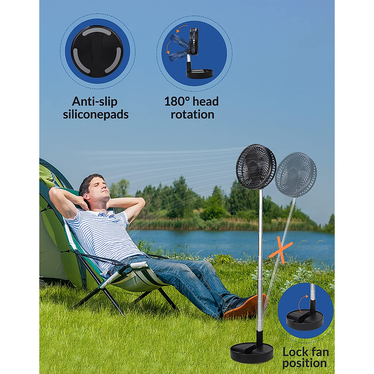 Primevolve Battery Operated Portable Standing Fan, Rechargeable USB Personal Floor Fan with Adjustable Height Black