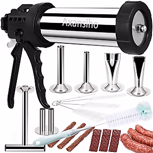 MTOGALT Upgrade Stainless Steel 2 LB Large Capacity Jerky Gun Kit Beef Deer Jerky Sausage Stuffer Meat Gun Jerky Marker Shooter Jerky Kits Sausage Gun Machine with Nozzles Brushes & Meat Pusher