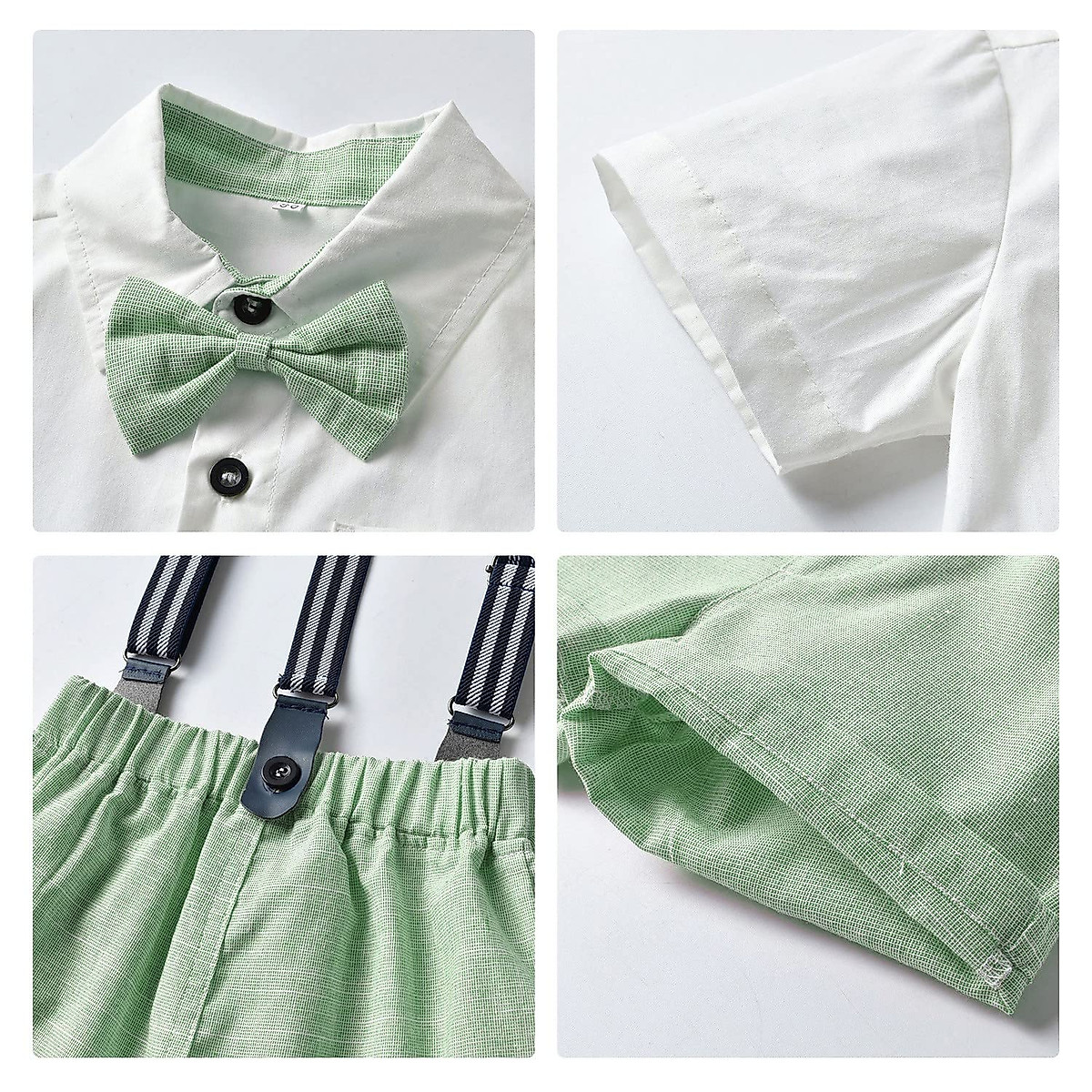 Volunboy Baby Boy Formal Short Set Toddler Summer Gentleman Outfit Kid Short Sleeve Bowtie Shirt Suspender Shorts Suit (White+Green, 2-3T)