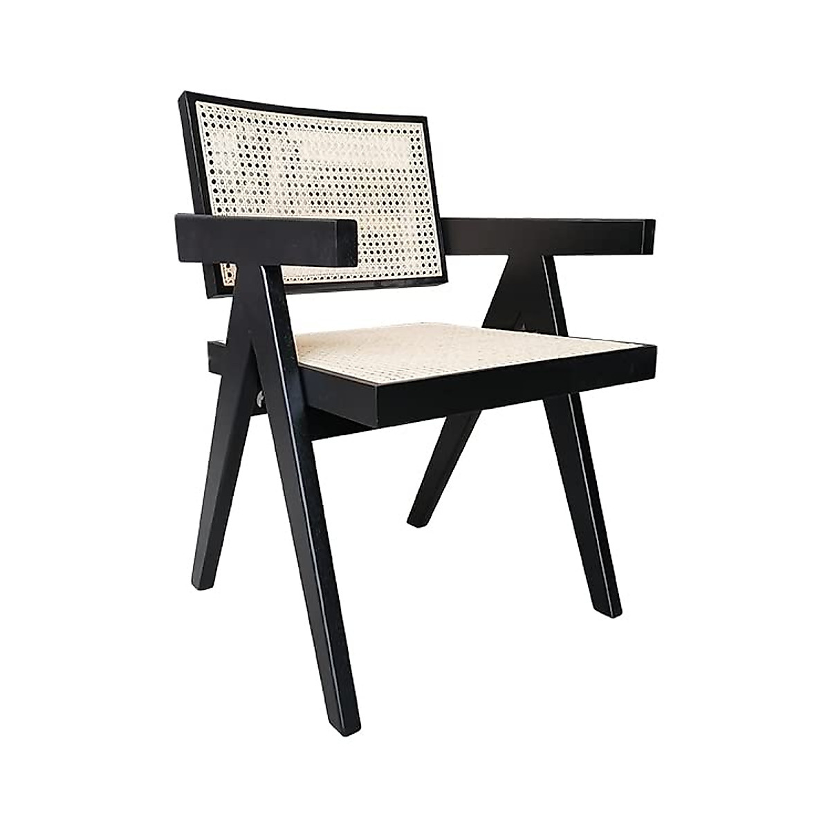 First of a Kind Rattan Cane Dining Chair - Mid-Century Modern Chairs with Mesh Back - Comfy Side Chair with Arms for Dining Room – Farmhouse Wooden Frame Accent Chair for Kitchen - Black