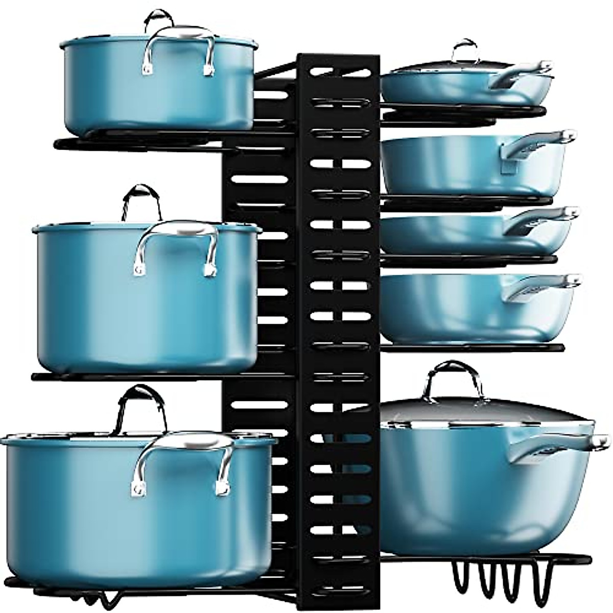 SOCONT Pot and Pan Organizer for Cabinet, Adjustable 8 Tiers Pans Pots Lid Organizer Rack Holder with 3 DIY Methods, Hanger Stacker Organizer Stand for Kitchen Counter and Cabinet