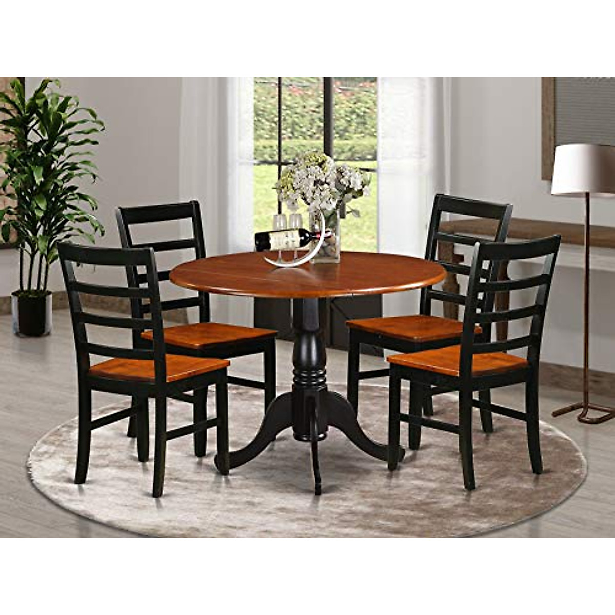 East West Furniture Dublin 5 Piece Dinette Set for 4 Includes a Round Room Table with Dropleaf and 4 Dining Chairs, 42x42 Inch, Black & Cherry