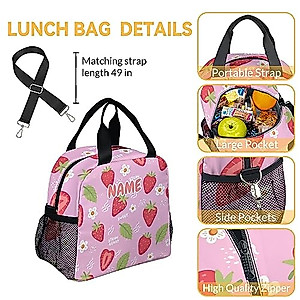 Homexzdiy Personalized Strawberry Backpack with Lunch Box Set for Girls, Custom 3 in 1 School Backpacks Matching Combo, Cute Pink Bookbag and Pencil Case Bundle