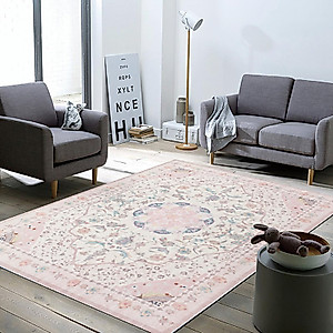 auruge Area Rug - Vintage 8x10 Non-Slip Backing Area Rugs Light Pink Soft Faux Wool Carpet Foldable & Machine Washable Rugs for Living Room Bedroom Dining Room Nursery Home Office