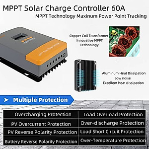 PowMr MPPT Solar Charge Controller 60A,12V/24V/36V/48V Auto 60 amp Solar Charge Controller Backlight LCD Display Solar Panel Regulator Charge Controller for Sealed Lead Acid Flooded Gel and Li Battery