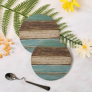 Teal Green Brown Retro Rustic Wood Texture Drinks Coasters, Non-Scratch Cork Base Round Cups Mats for Home Kitchen Bar Decor