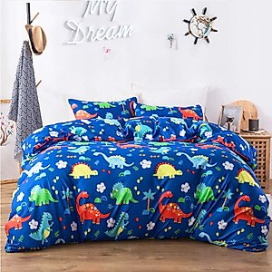 MacoHome Kids Duvet Cover Queen Blue Dinosaur Duvet Cover Set Boys Soft Cute Pattern Bedding Set with 2 Pillowcases No Comforter (Dinosaur, Full/Queen)
