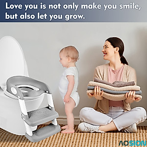 AOSION-Potty Training Seat with Step Stool Ladder, Potty Seat with Ladder for Kids,Adjustable Toddler Toilet Training Seat for Boys and Girls with Non-slip Soft Pads,Safety Handle (Grey)