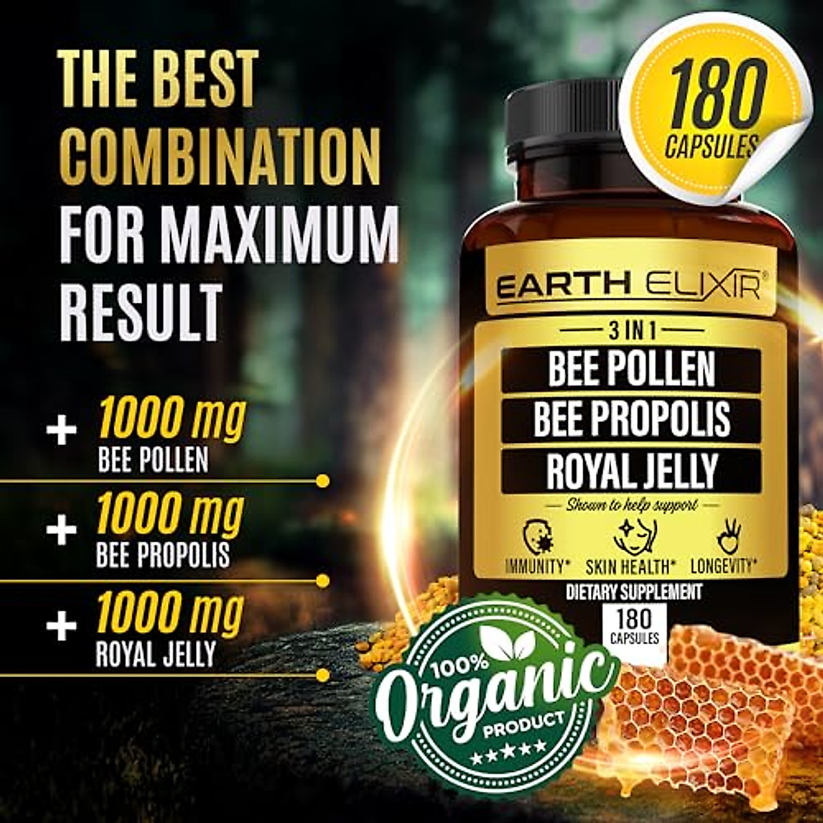 Earth Elixir 3-in-1 Bee Pollen Organic 840mg (180 Caps) W/ 840mg Bee Propolis Capsule & 840mg Royal Jelly Capsule - 3rd Party Tested - Bee Pollen Supplement - Organic Bee Pollen Capsule -No Fillers