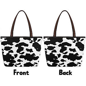 Cow Animal Print Large Totes Top Handle Purse Women Shoulder Bag, Black and White Camo Print Tote Bag with Zipper Handbag for Travel School Girls