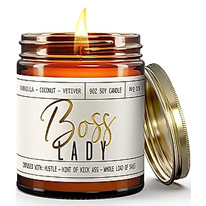 Boss Lady Gifts for Women - 'Boss Lady' Soy Candle, w/ Vanilla, White Coconut & Vetiver I Best Boss Gifts for Women I Girl Boss Female Gifts I 9oz Reusable Glass Jar, 50Hr Burn Time, 9oz, Made in USA