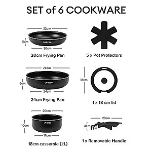 JEETEE Nonstick Pots and Pans Set with Removable/Detackable Handle RV Pots Induction Cookware Stackable Cookware Set for Camping, PFOA Free, Dishwasher/Oven Safe (Black, 10pcs Cookware Set)