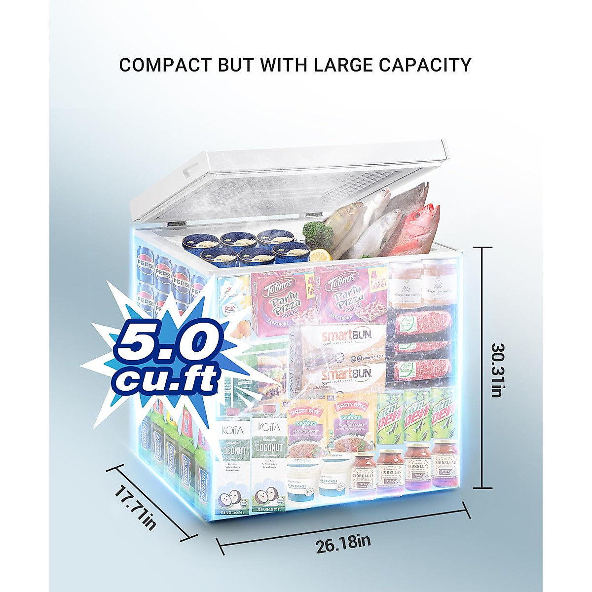 Deep Freezer, 5.0 cu.ft Free-Standing Chest Freezer with Removable Basket, 7-Step Temperature Control, Low Noise, Perfect for Home Kitchen and Garage (White)