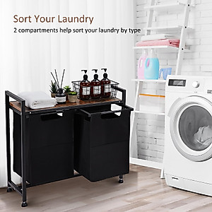 GarveeHome Laundry Hamper with Shelf, Laundry Basket Organizer Laundry Sorter with 2 Pull-Out and Removable Bags and Shelf, Dirty Clothes Hamper for Laundry Room Bathroom Bedroom, 2 x 11.5 Gal