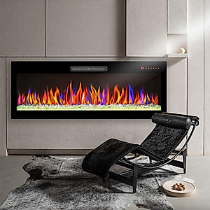 Electric Fireplace 60 Inch, Ultra Thin Wall Mounted Fireplace with 16 Colors Flame & Emberbeds, Wall Fireplace Electric with LED Light Heater and Double Safety Protection Device, Black (60 Inch)