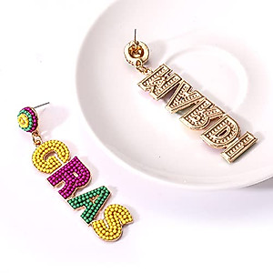 Beaded Mardi Gras Earrings for Women Handmade Bead Crown Fleur De Lis Drop Dangle Earrings Costume Party Parade Earrings Festive Holiday Gifts (Letter)