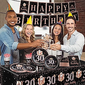 142Pcs 30th Birthday Tableware Decorations for Women Rose Gold Happy 30 Birthday Party Supplies for Her Disposable Tablecloth,Plates,Napkins,Cups,Forks and Knives for Girls 30th Birthday Party