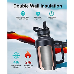 BUZIO Insulated Water Bottle with Handle & Flip Straw, 40oz Metal Travel Tumbler Fits in Cup Holders, Dishwasher Safe Leakproof Reusable Sport Mug, Gift for Women & Men, Keep Cold for 48hrs, Black