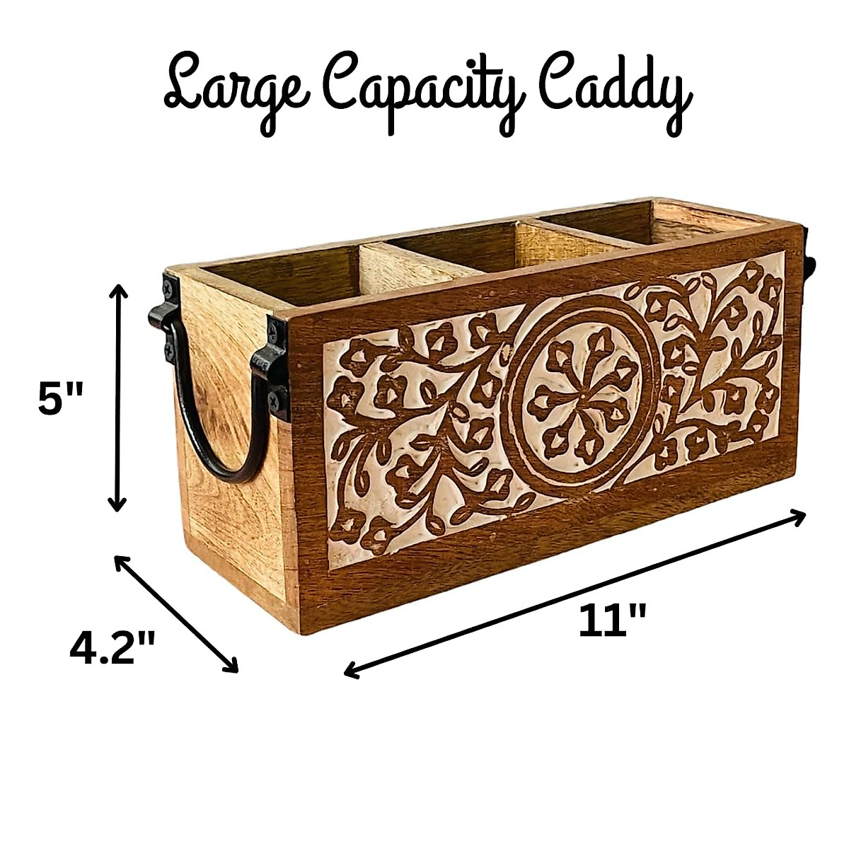 3 Compartment Farmhouse Wooden Flatware Caddy with Metal Handles for Kitchen Countertop, Silverware Caddy for Buffet Party, Rustic Wood Utensil Cutlery Holder, Bathroom Dining Table Office Organizer