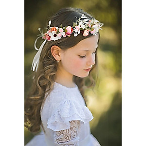 WOVOWOVO Rose Flower Crown for Women Baby Girls, Adjustable Flower Girl Headpiece with Ribbon Fairy Crown Pink Bride Hair Accessories Wedding Boho Flower Headband Festival Photo Props