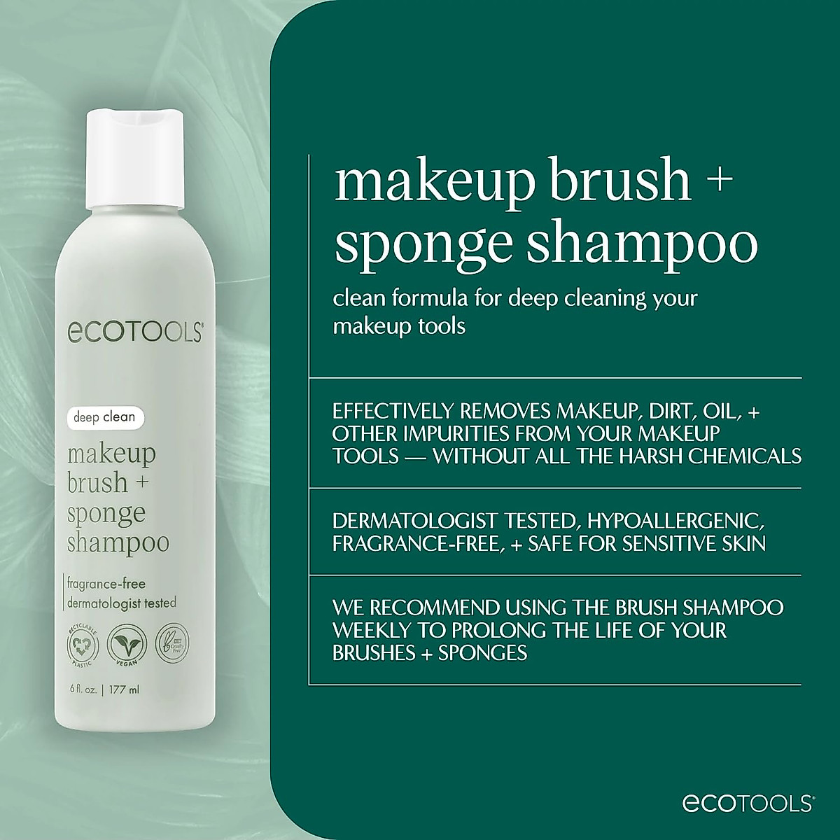 EcoTools Cleanser Shampoo for Makeup Brush/Sponge/Puffs, Remove Makeup & Impurities, Fragrance-Free, No Harsh Chemicals, Vegan & Cruelty-Free, 6 fl.oz./177 ml, 1 Count