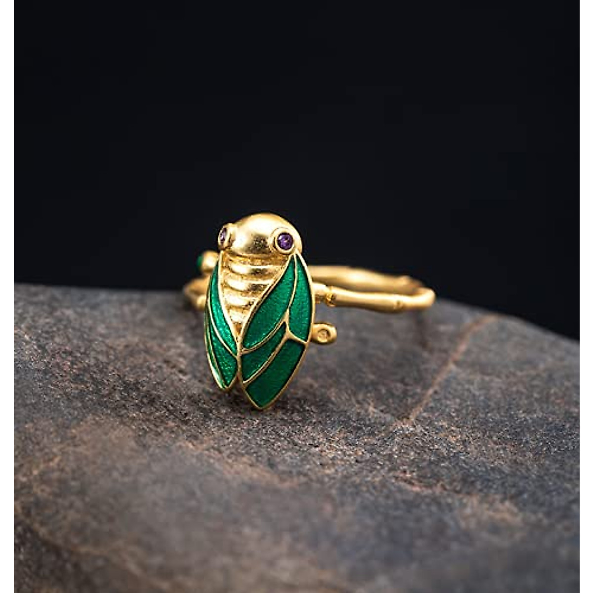 Helen de Lete Colorful Golden Cicada S925 Sterling Silver Adjustable Ring For Men and Women